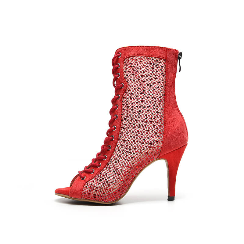 Red Open Toe Faux Suede Strapped Mesh Ankle Boots – HIPPOSEUS
